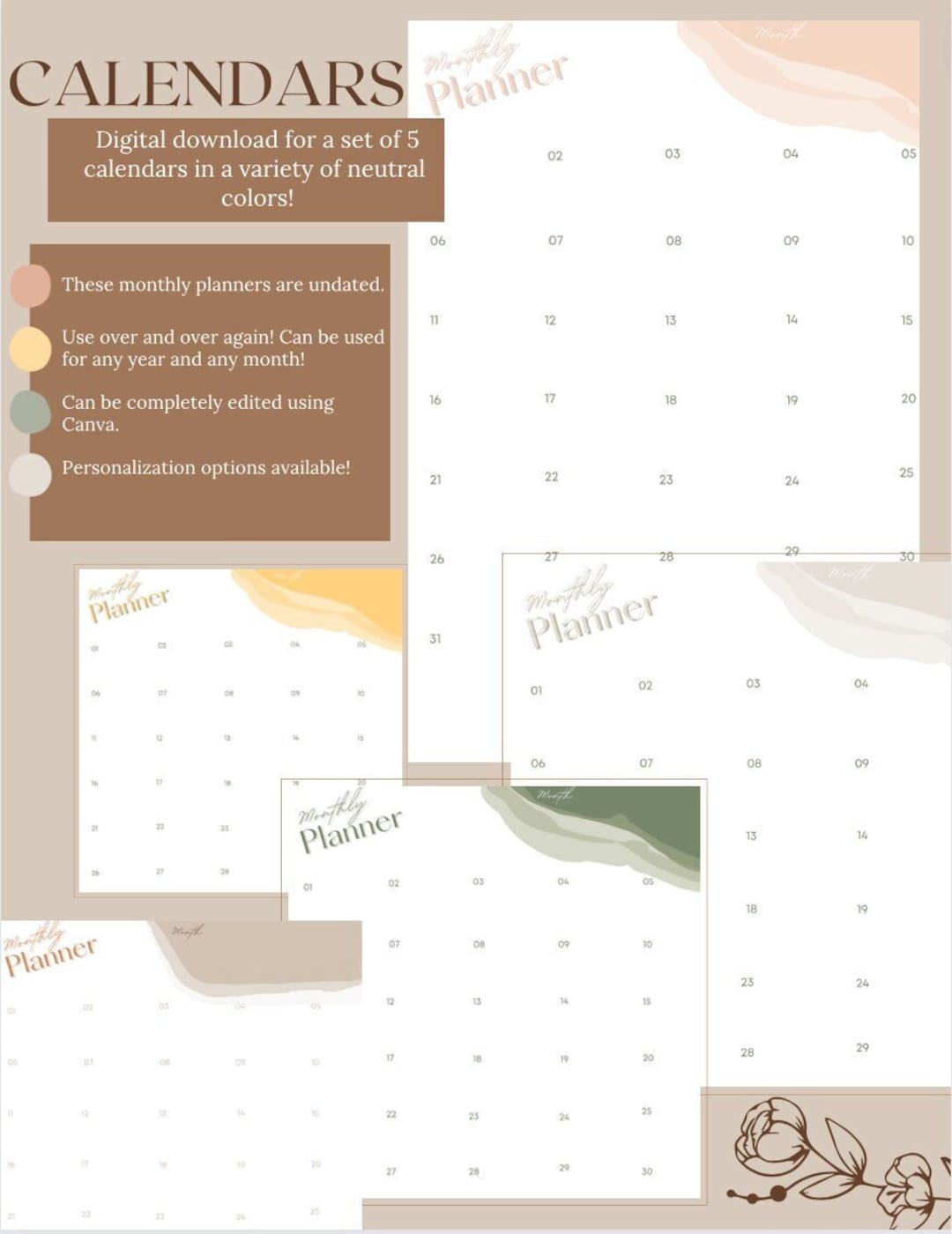 Printable Calendar Template- Digital Download! Reuse From Month to ...