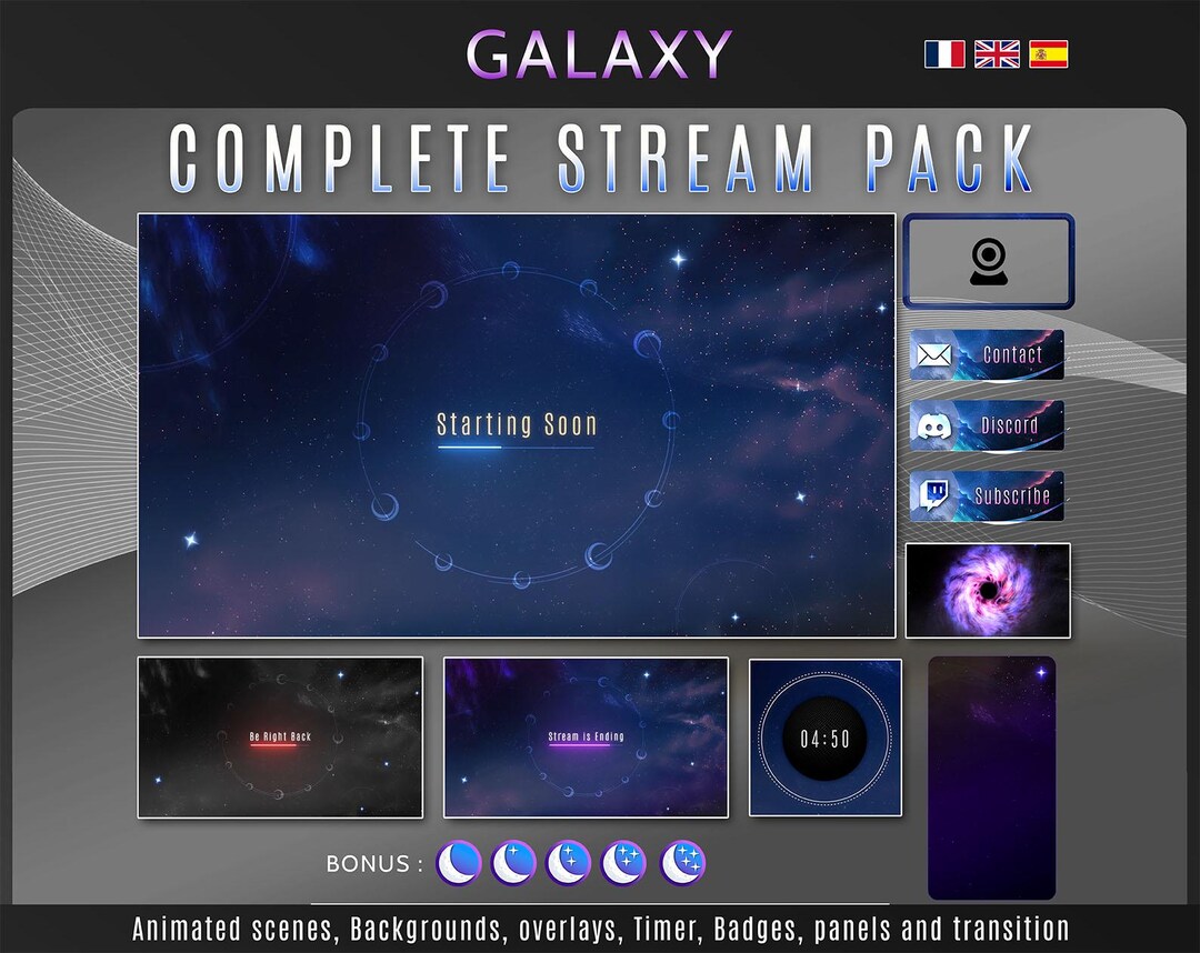 Galaxy Stream Pack, Full Stream Pack, Overlays Bundle for Twitch, Space ...