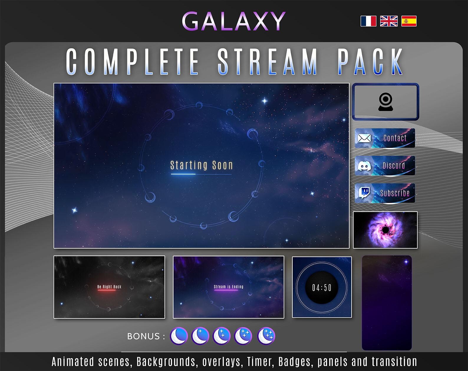 Galaxy Stream Pack, Full Stream Pack, Overlays Bundle for Twitch, Space ...