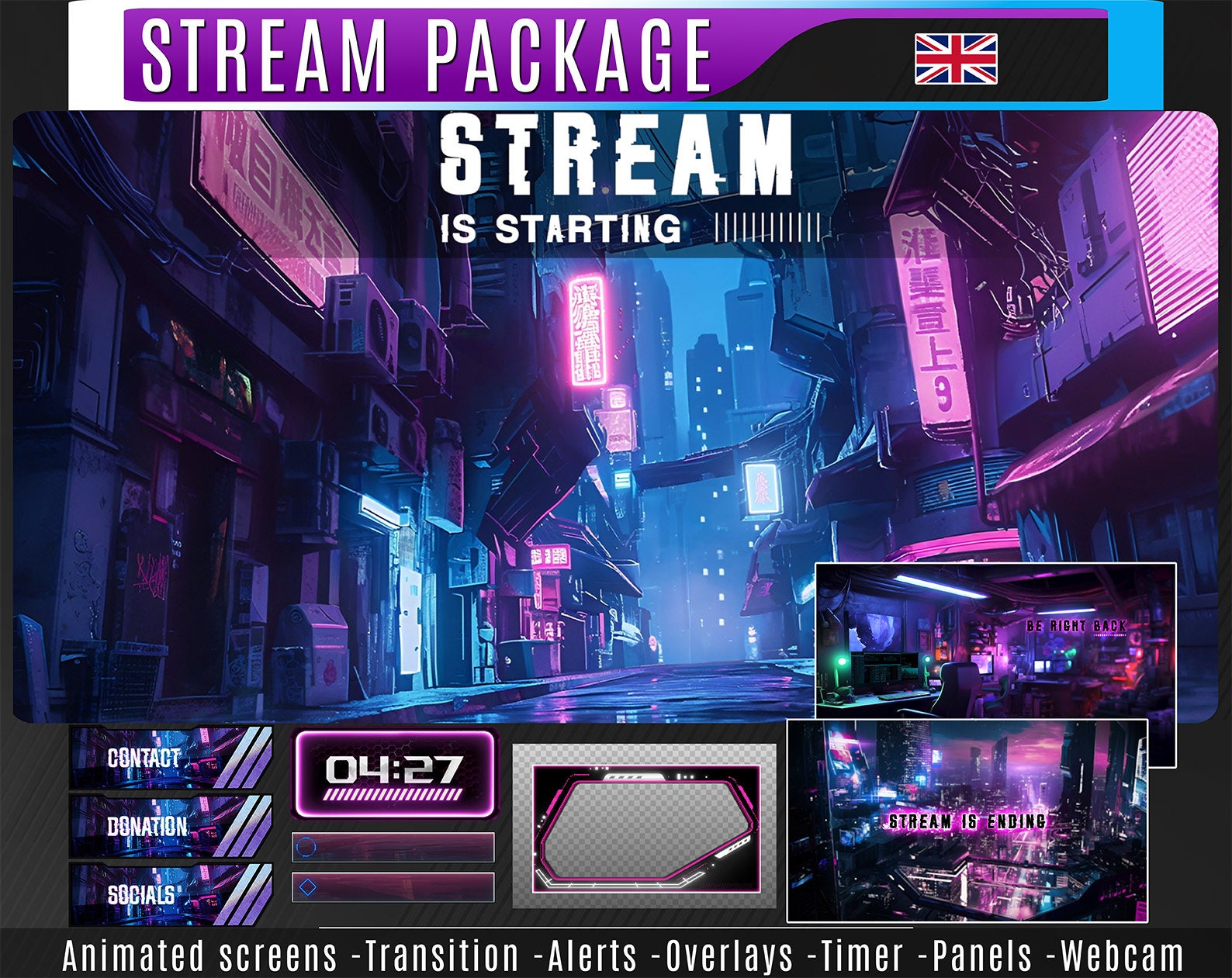 Complete Cyberpunk Stream Package for Twitch, Full Stream Pack, Purple ...