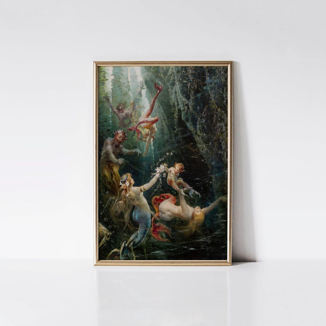 Playing Nymphs, Vintage Mermaid Painting Print, Mythological Folk Tale ...