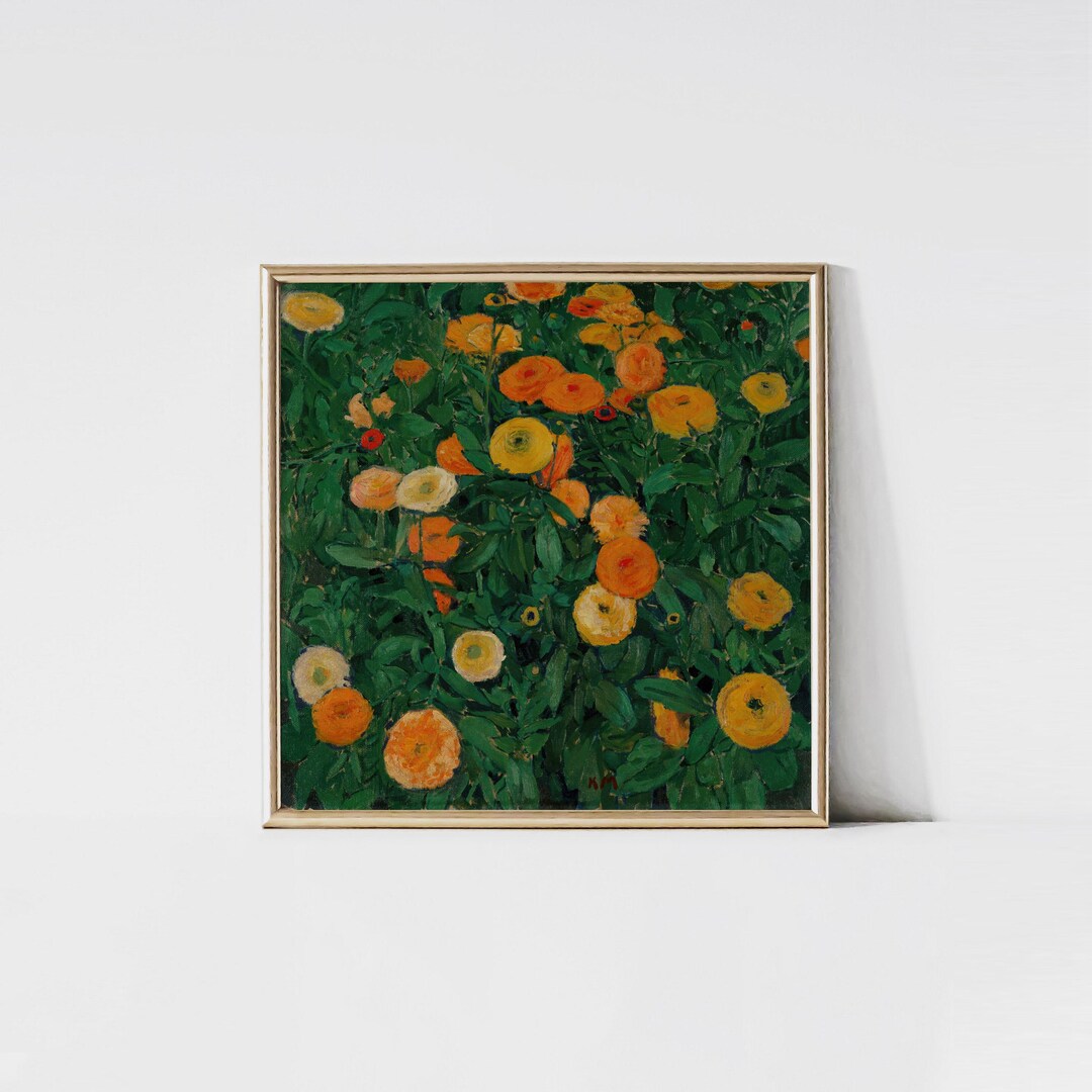 Marigolds, Square Floral Print, Yellow Orange Flowers Painting, Rural ...