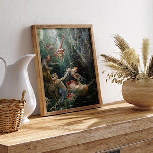 Playing Nymphs, Vintage Mermaid Painting Print, Mythological Folk Tale ...