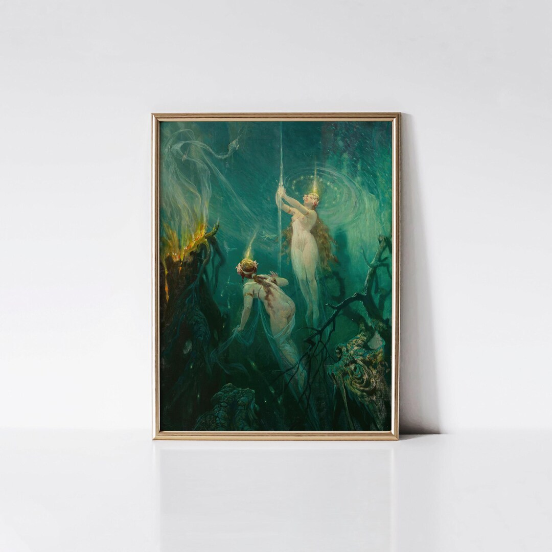 Nymphs and Will-o'-the-wisp, Folklore Print, Underwater Nymphs Painting ...