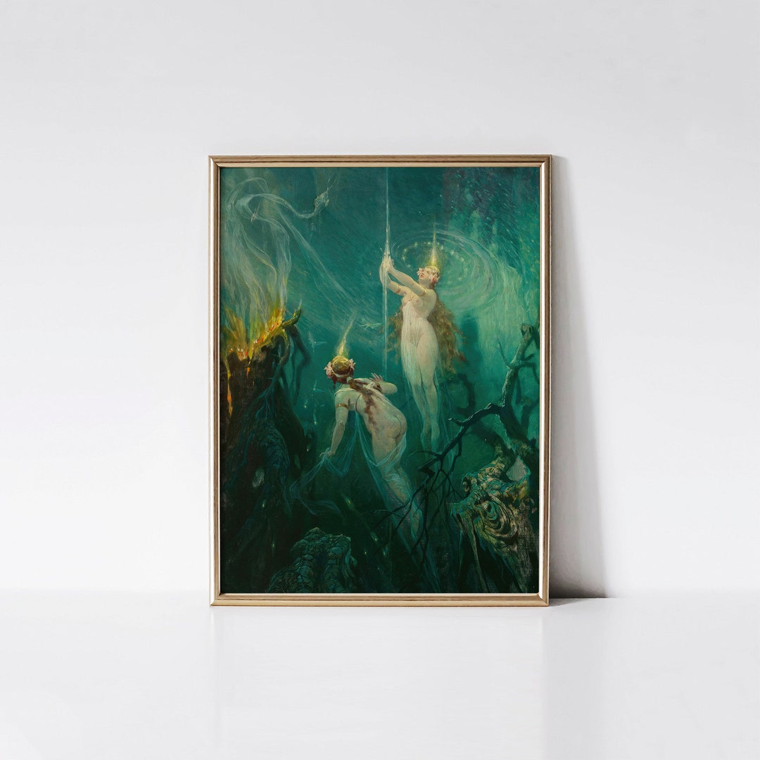 Nymphs and Will-o'the-wisp, Folklore Print, Underwater Nymphs Painting ...