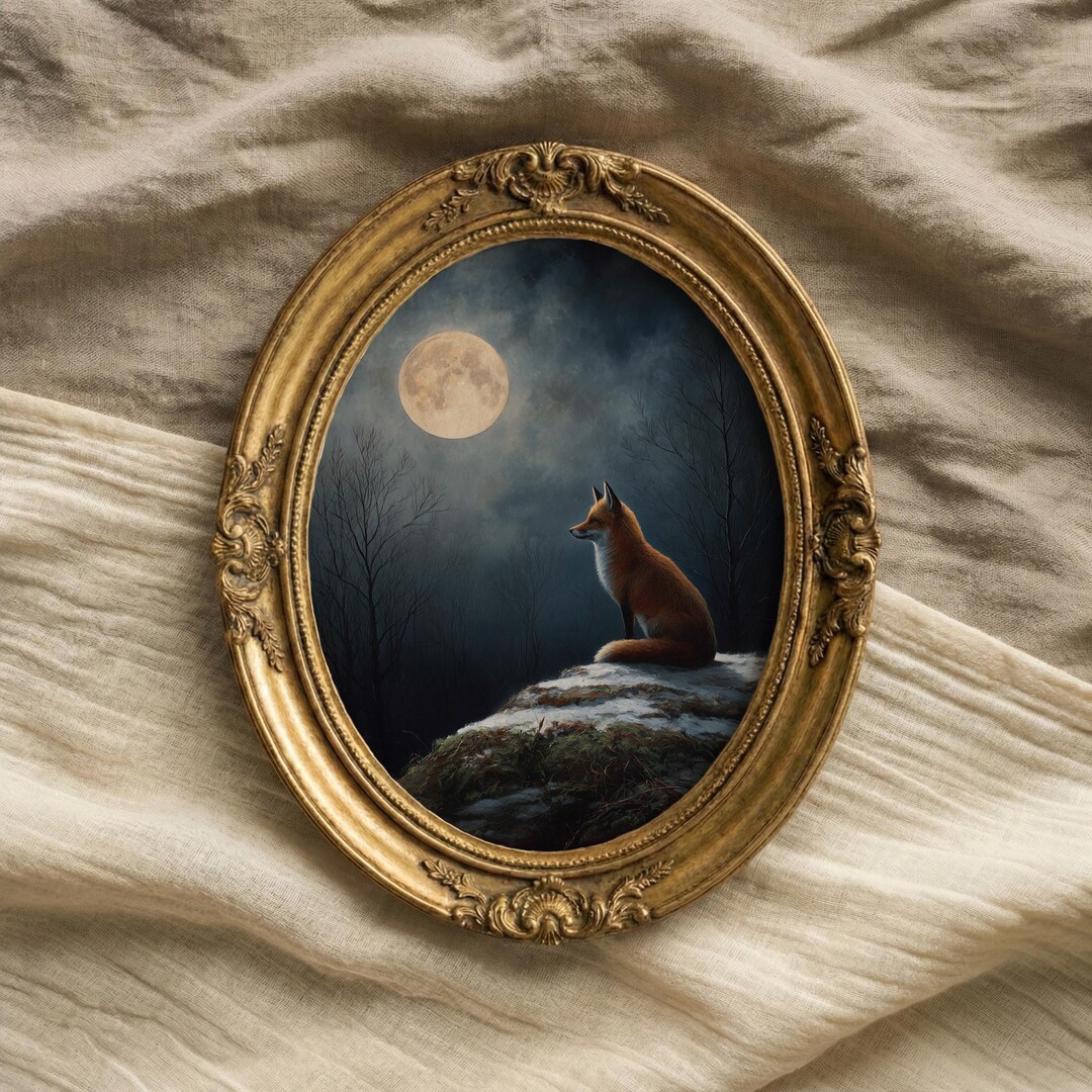 Vintage Fox and Full Moon Painting, Moody Forest Animal Print, Dark ...