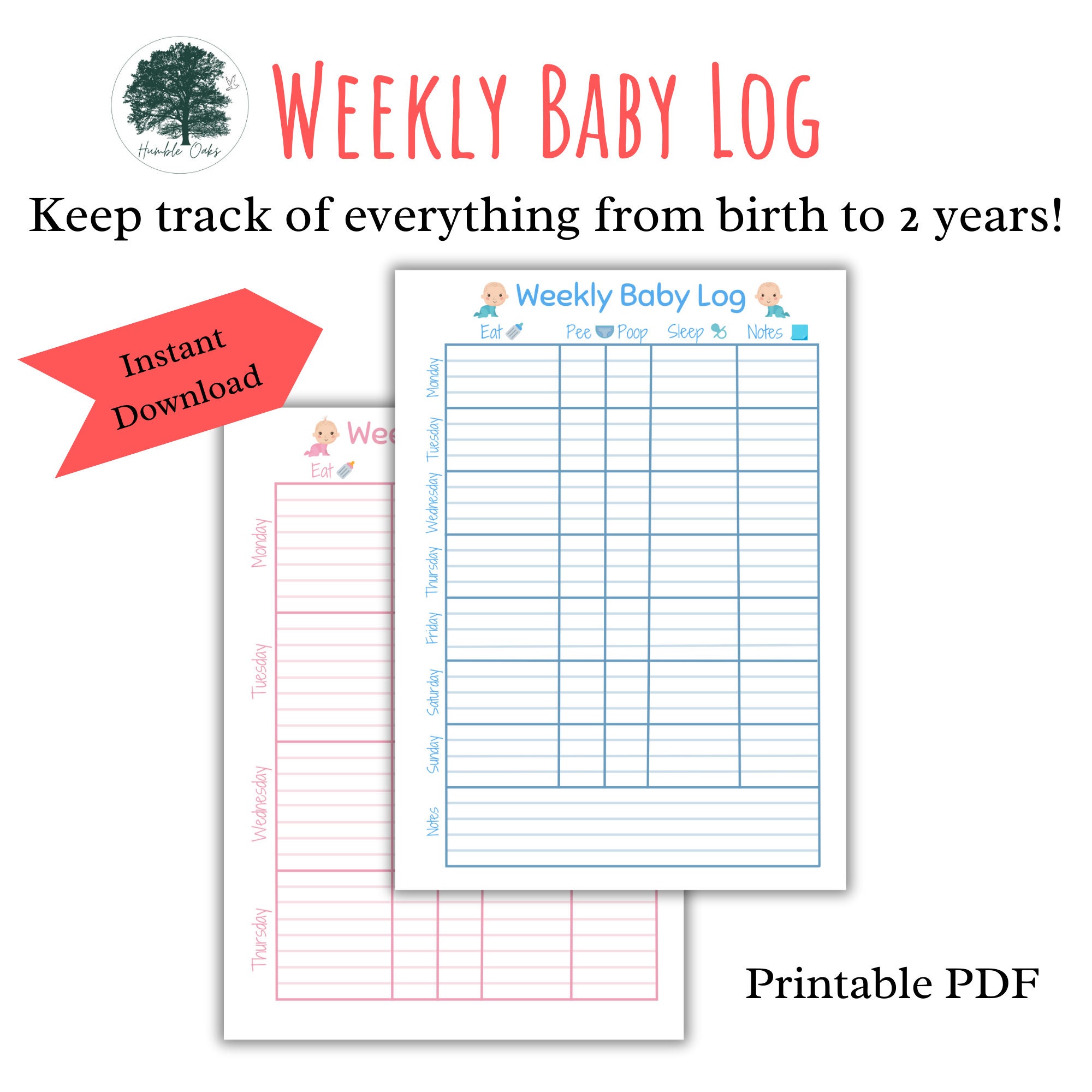 Weekly Baby Log, Blue and Pink Baby Log, Baby Tracker, Diapers and ...