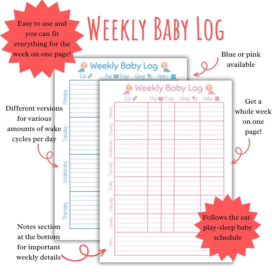 Weekly Baby Log, Blue and Pink Baby Log, Baby Tracker, Diapers and ...
