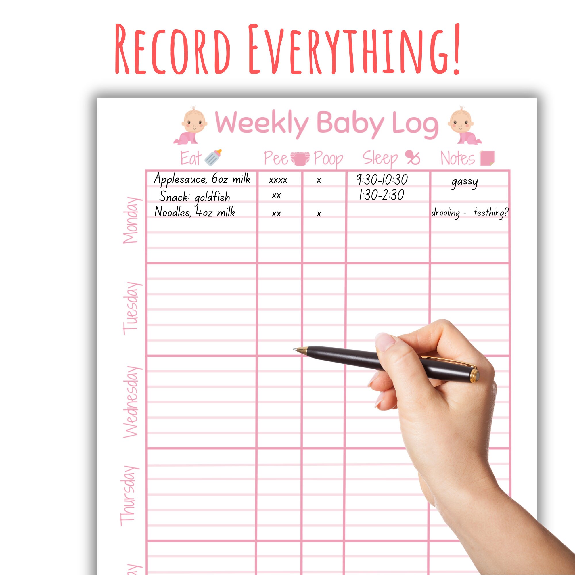 Weekly Baby Log, Blue and Pink Baby Log, Baby Tracker, Diapers and ...
