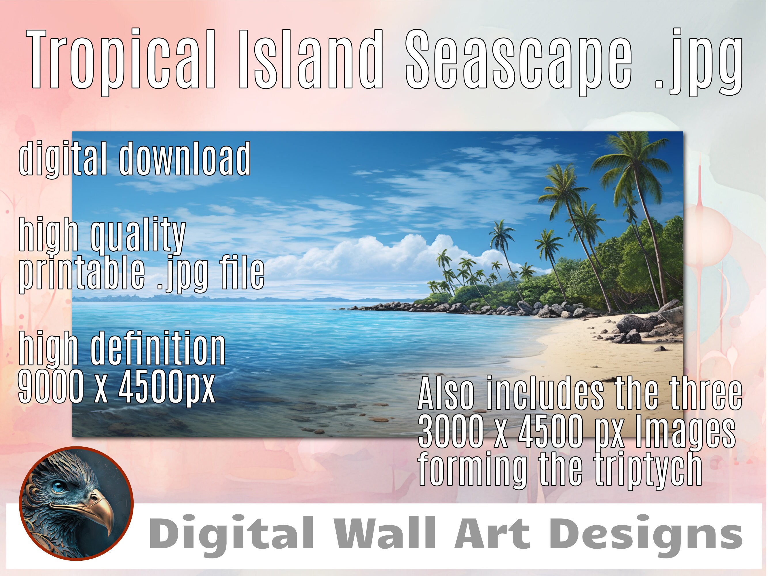 Tropical Island Seascape, Digital Wall Art, Island Paradise Printables ...