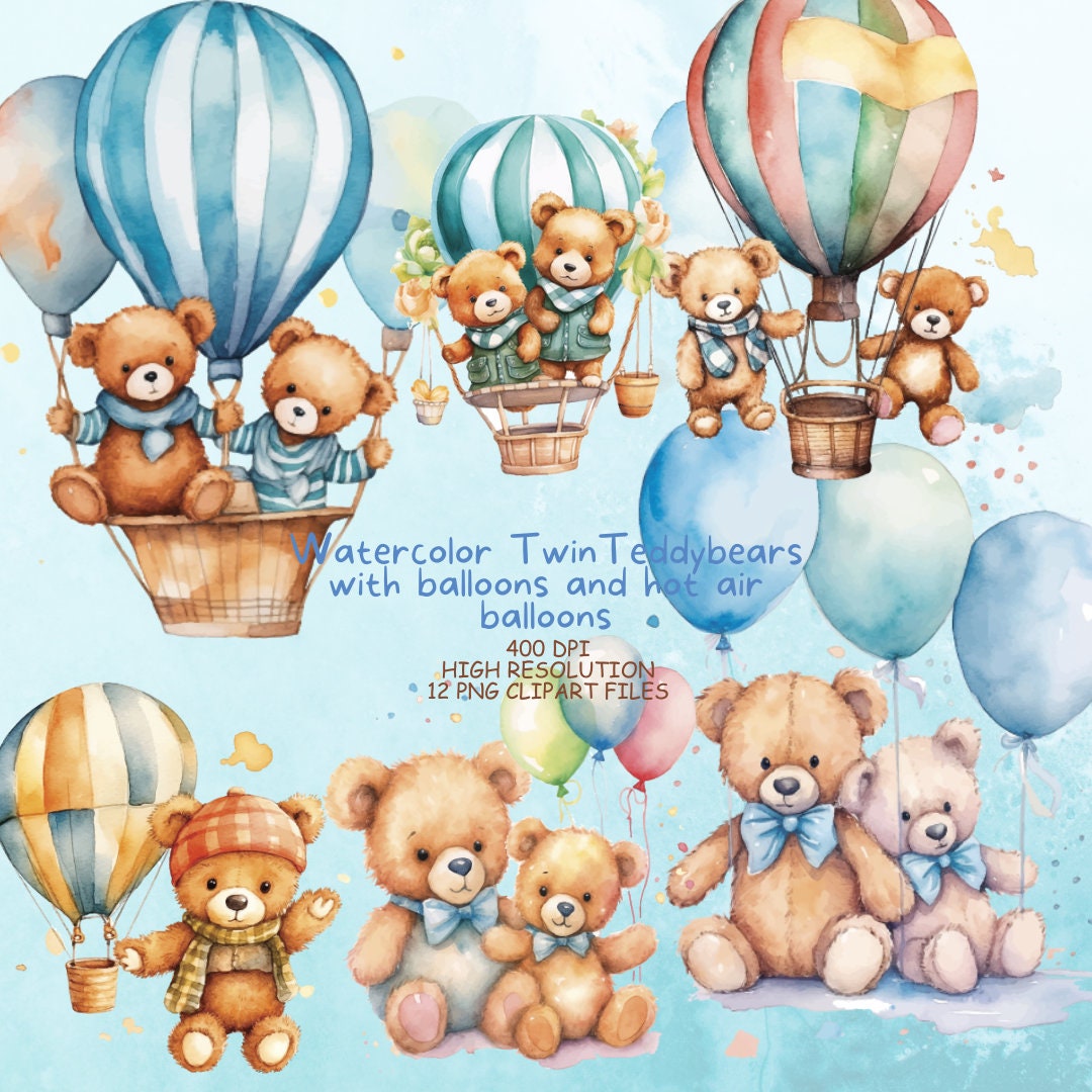 Watercolor Twin Teddy Bear Clipart Pack, Little Bear Baby Shower for a ...