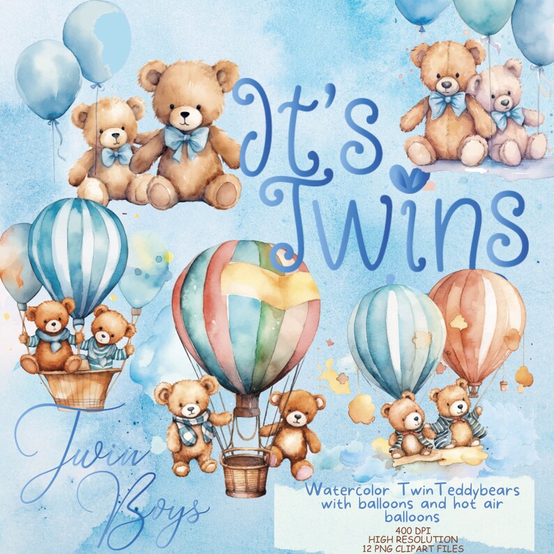 Watercolor Twin Teddy Bear Clipart Pack, Little Bear Baby Shower for a ...