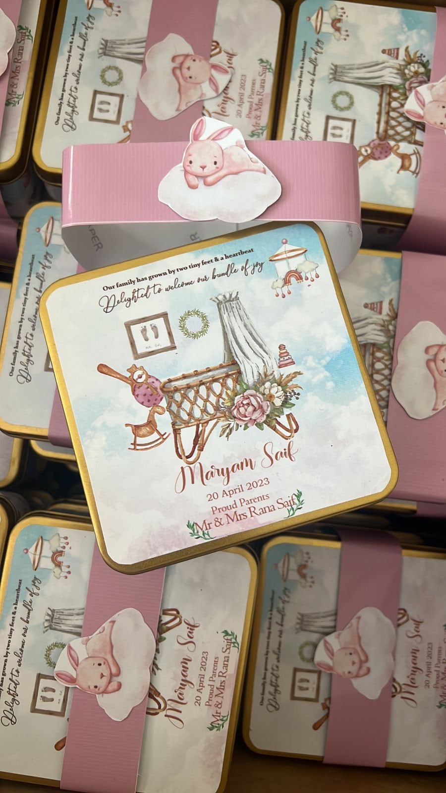 Customised Birth Announcement Box, Tin Box, Birth Keepsake Gifts, Bunny ...