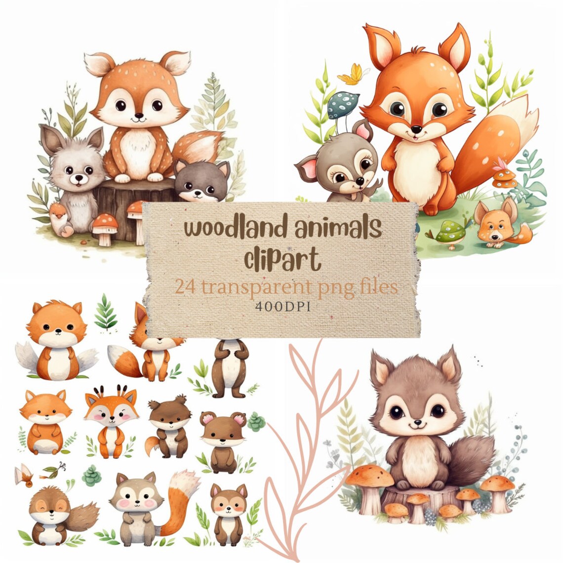 Watercolor Woodland Cute Animals Transparent PNG Clipart, Forest ...
