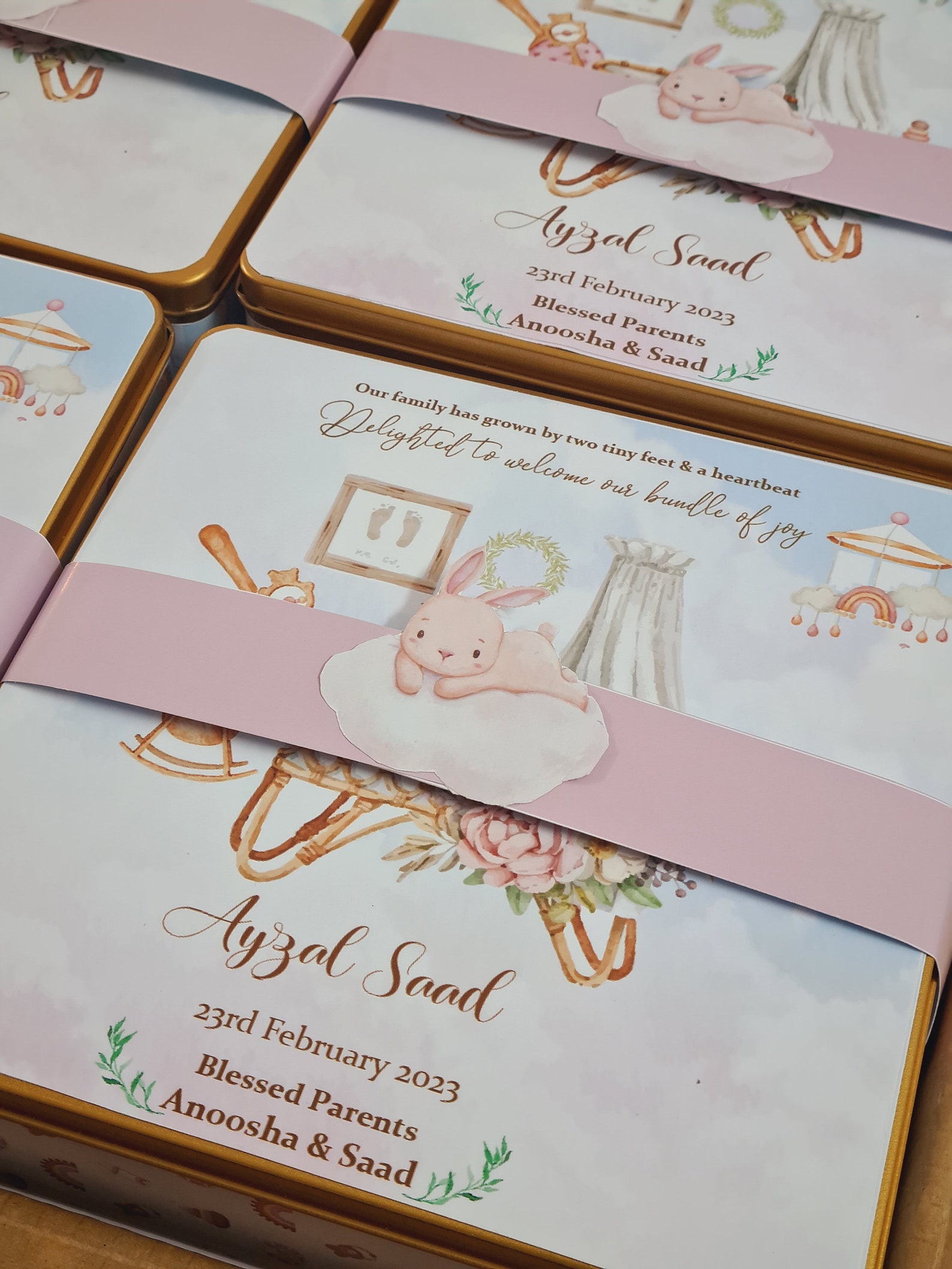 Customised Birth Announcement Box, Tin Box, Birth Keepsake Gifts, Bunny ...