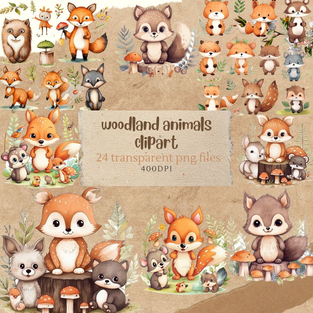 Watercolor Woodland Cute Animals Transparent PNG Clipart, Forest ...
