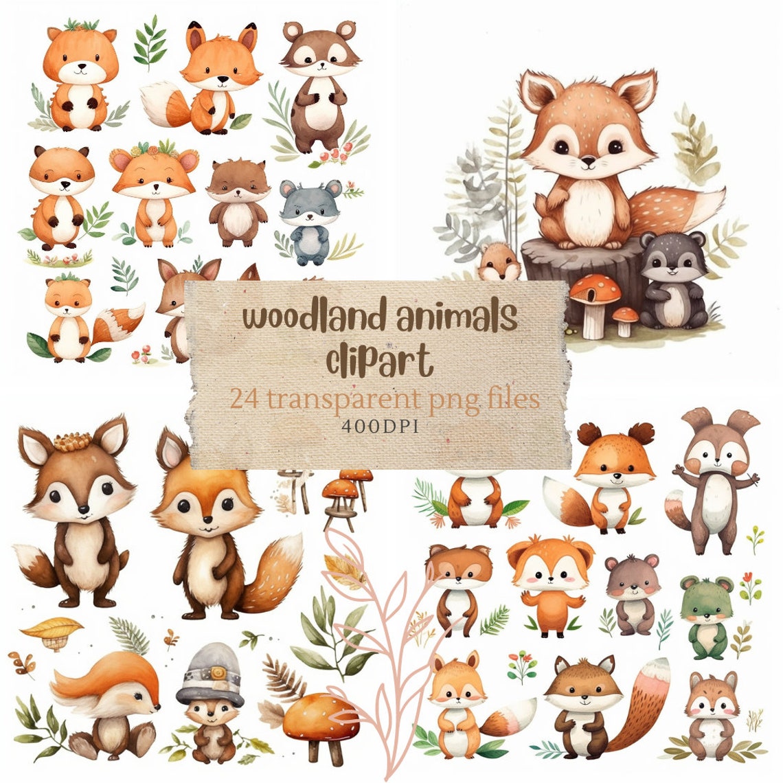 Watercolor Woodland Cute Animals Transparent PNG Clipart, Forest ...
