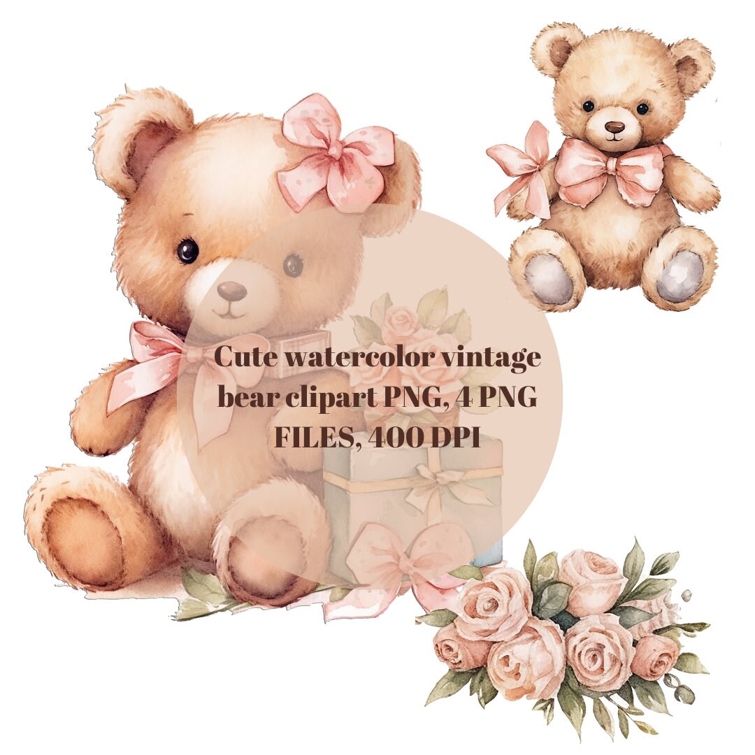 PNG, Baby Bear Printable, Girl Teddy Bear Clipart, Watercolor Teddy ...