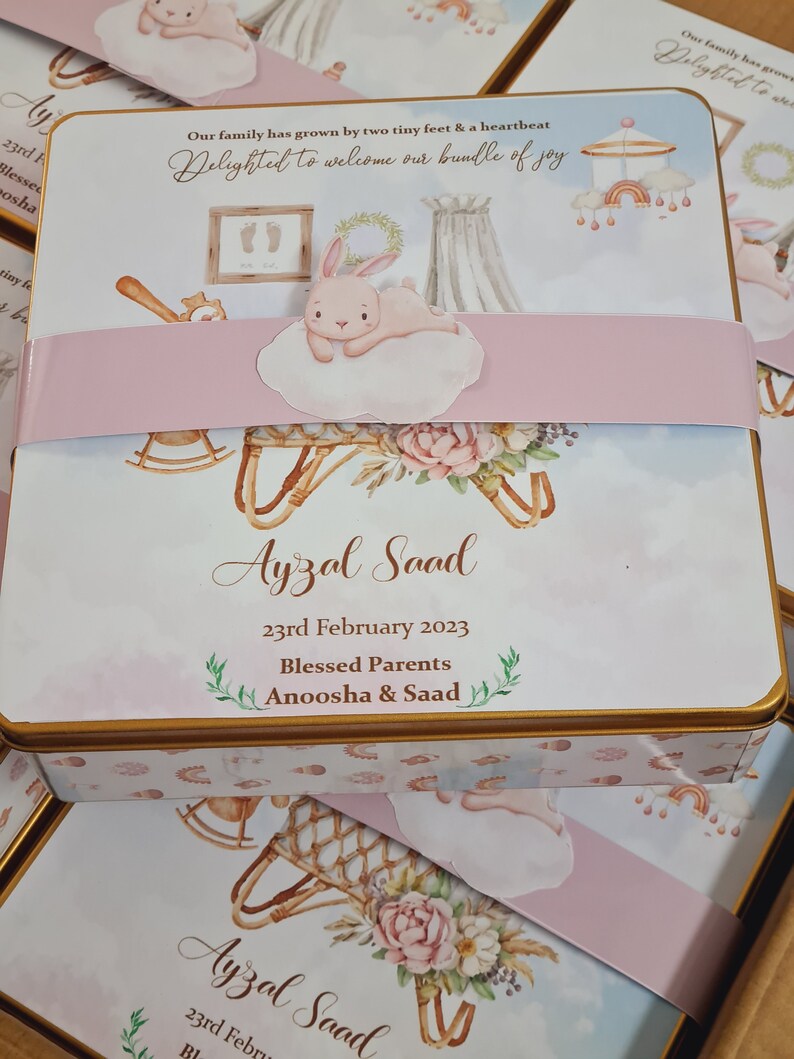 Customised Birth Announcement Box, Tin Box, Birth Keepsake Gifts, Bunny ...