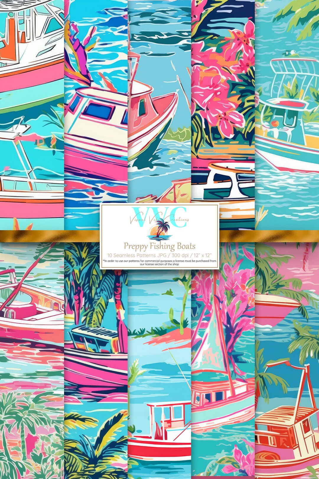 Preppy Fishing Boats Digital Paper, 10 Seamless Tropical Patterns for ...