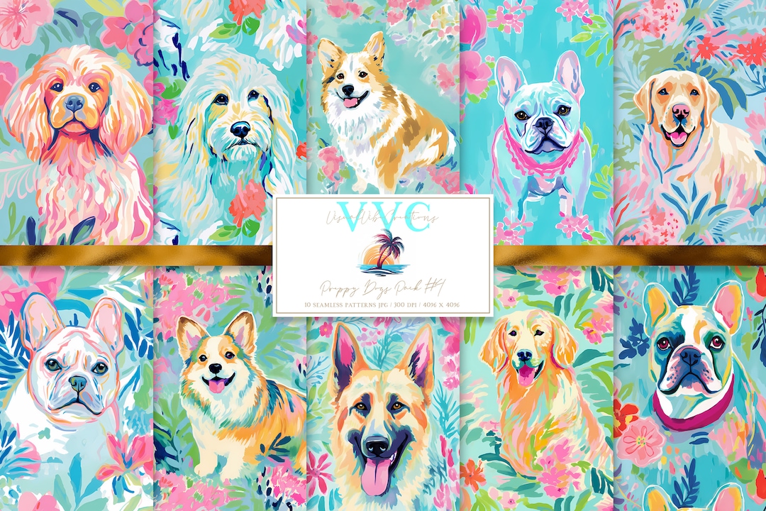 Preppy Dogs Pack #4 Digital Paper, 10 Seamless Patterns for Printable ...