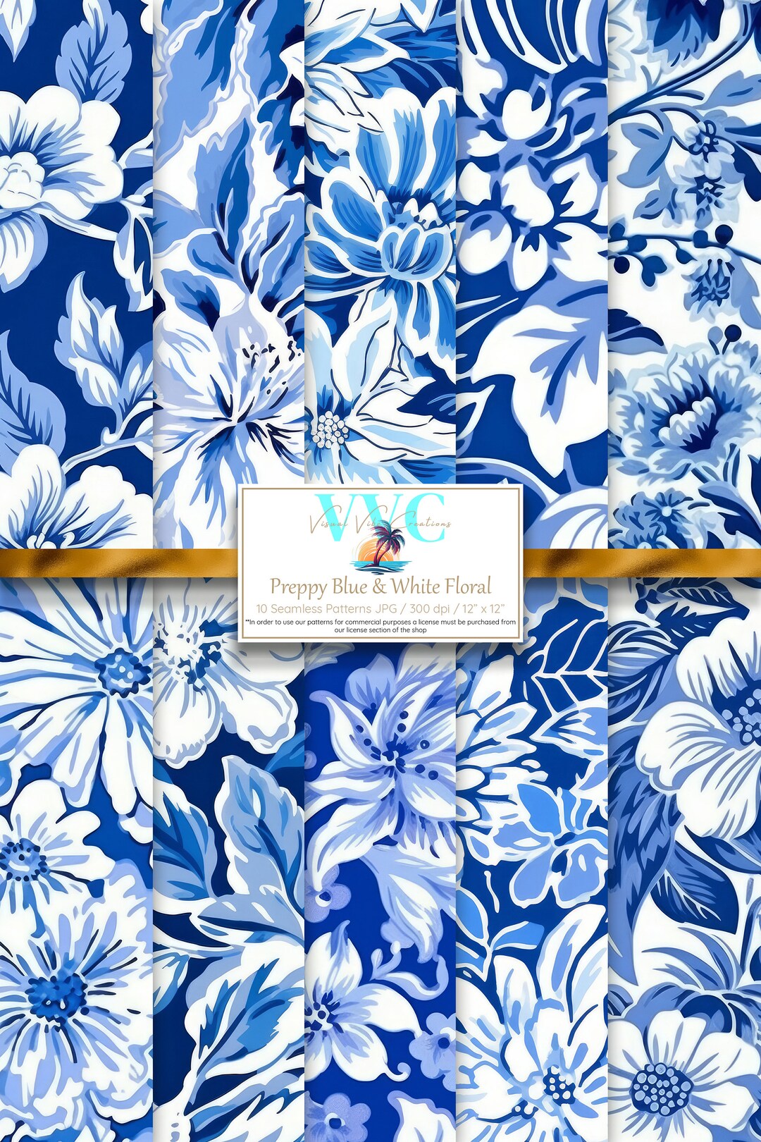 Preppy Blue & White Floral Digital Paper, 10 Seamless Flower Patterns ...