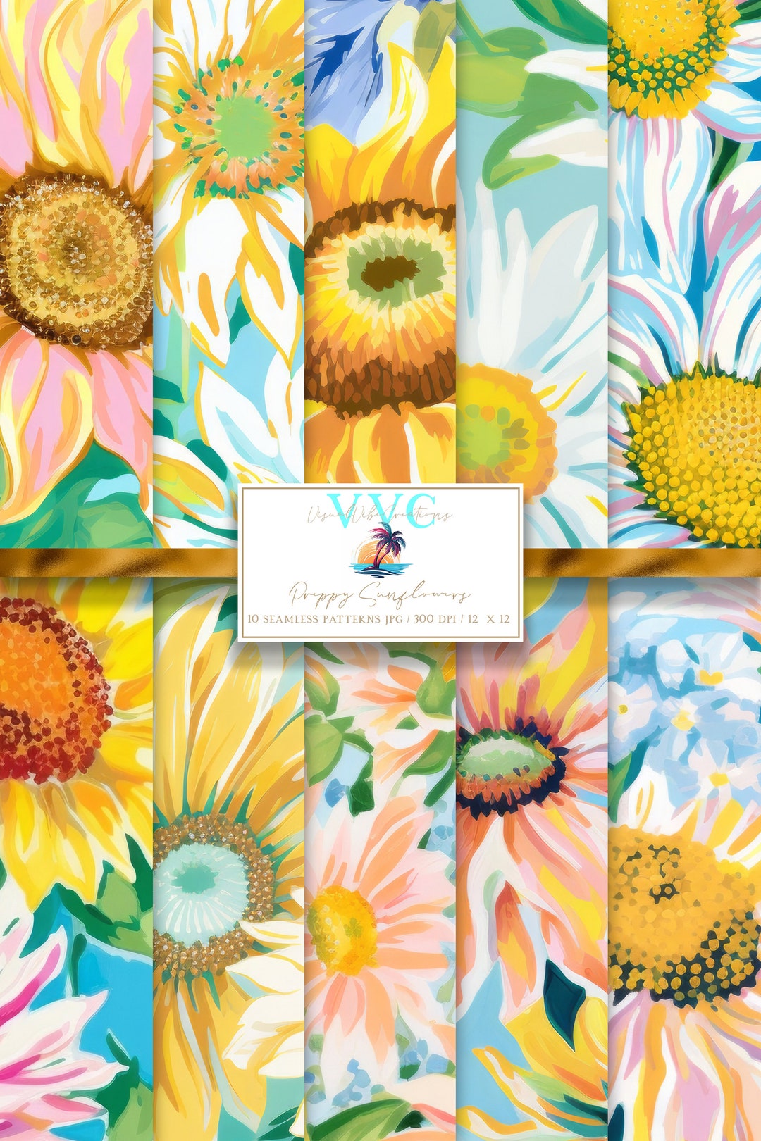Preppy Sunflowers Digital Paper, 10 Seamless Patterns for Printable ...