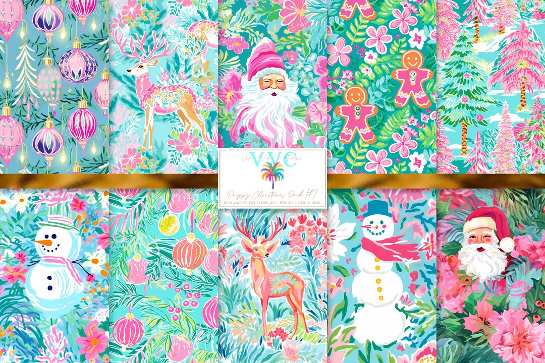 Preppy Christmas Pack #7, 10 Seamless Patterns, Pink Santa, Deer ...