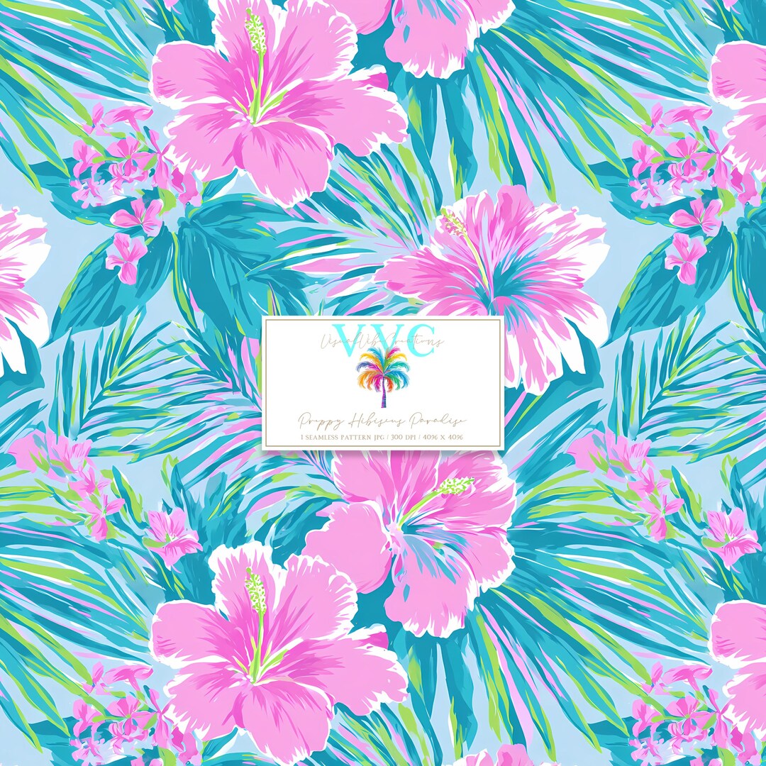 Preppy Hibiscus Paradise, 1 Seamless Pattern, Tropical Hibiscus Palms ...