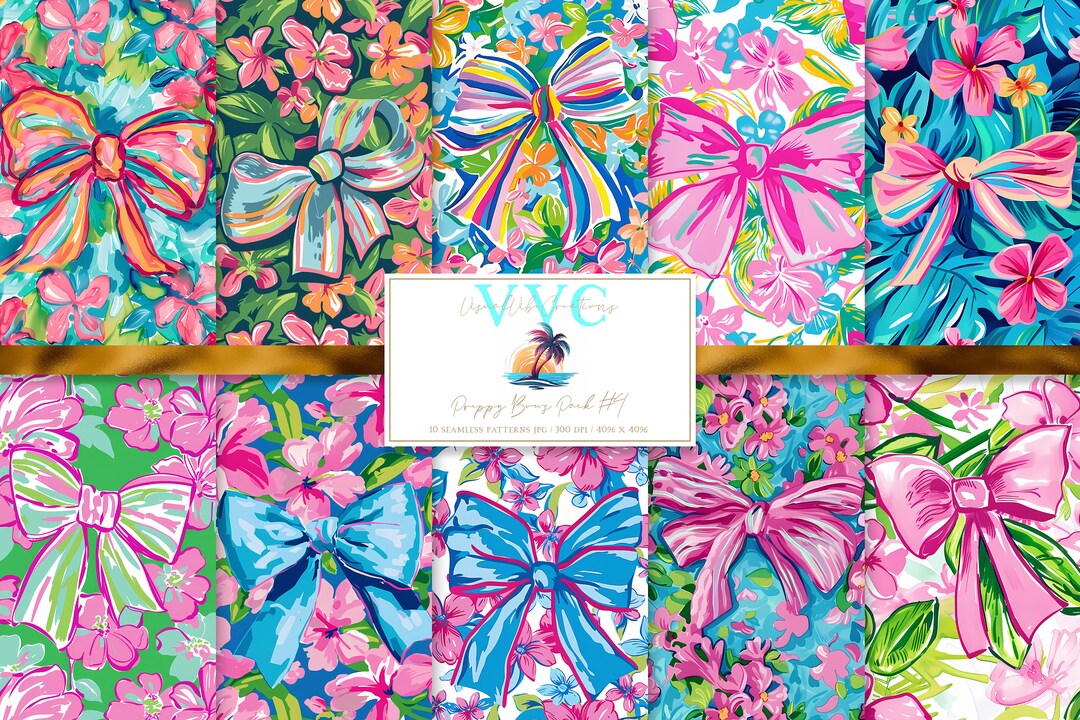 Preppy Bows Pack #4 Digital Paper, 10 Seamless Colorful Patterns for ...