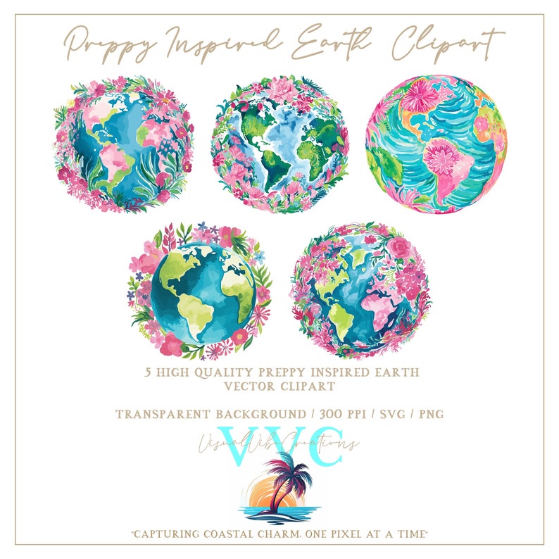Preppy Inspired Earth Clipart Pack of 5 Transparent Background in SVG ...