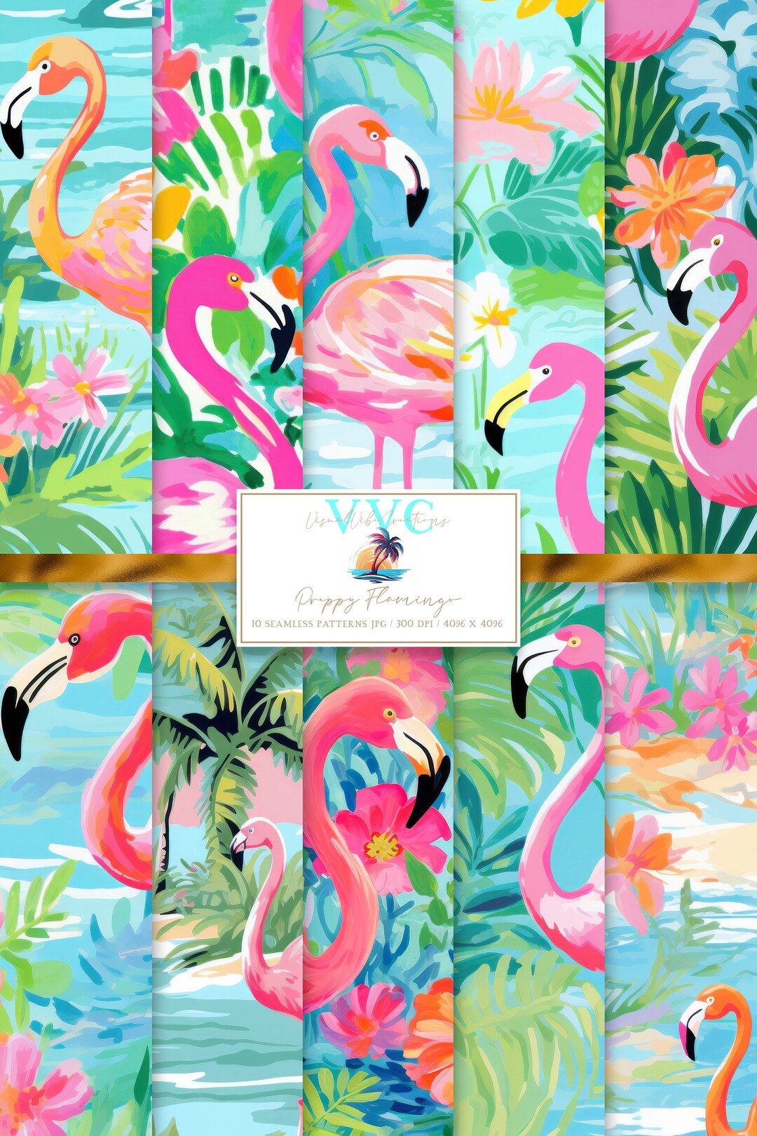 Preppy Flamingo Digital Paper, 10 Seamless Floral Patterns for ...