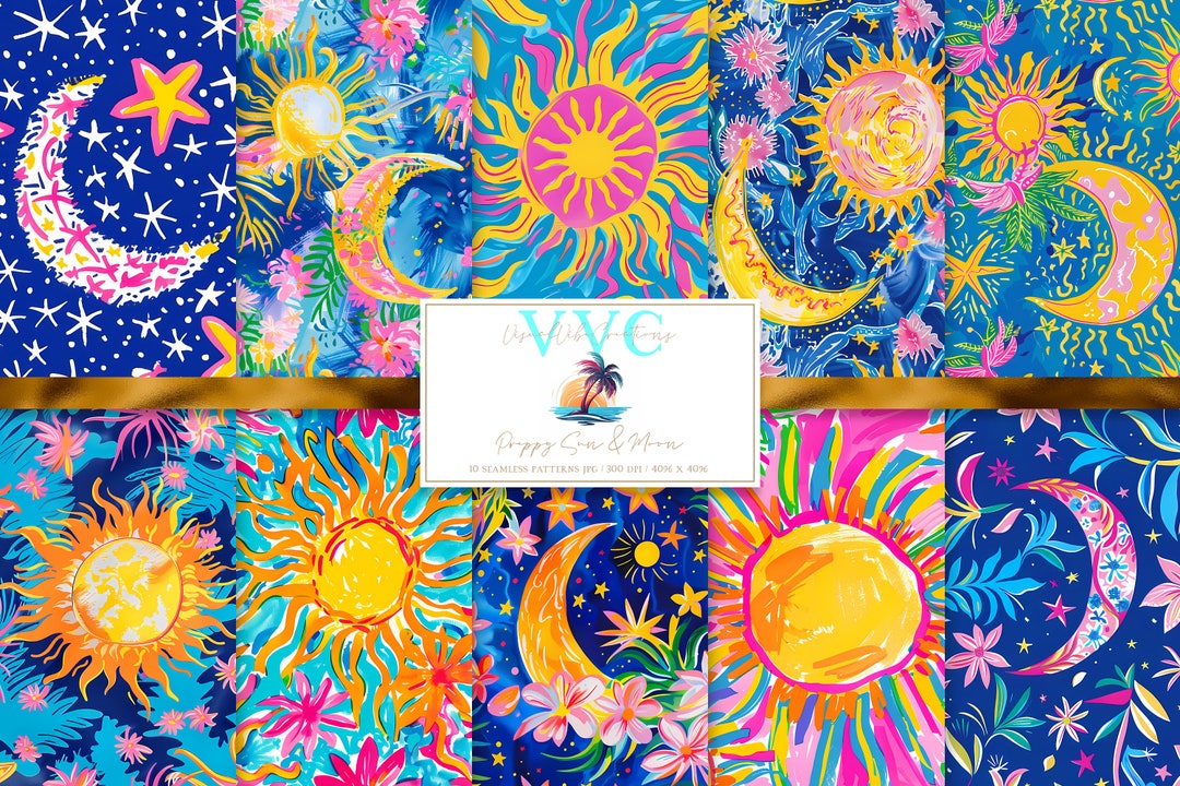 Preppy Sun & Moon Digital Paper, 10 Seamless Patterns for Printable ...