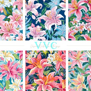 Preppy Lily Flower Digital Paper, 10 Seamless Patterns for Printable ...