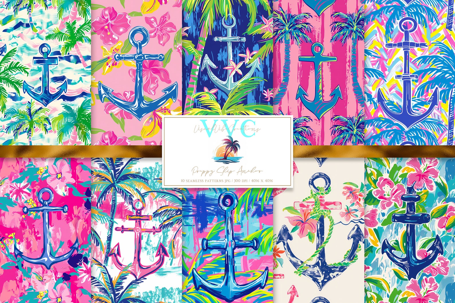 Preppy Ship Anchor Digital Paper, 10 Seamless Patterns for Printable ...