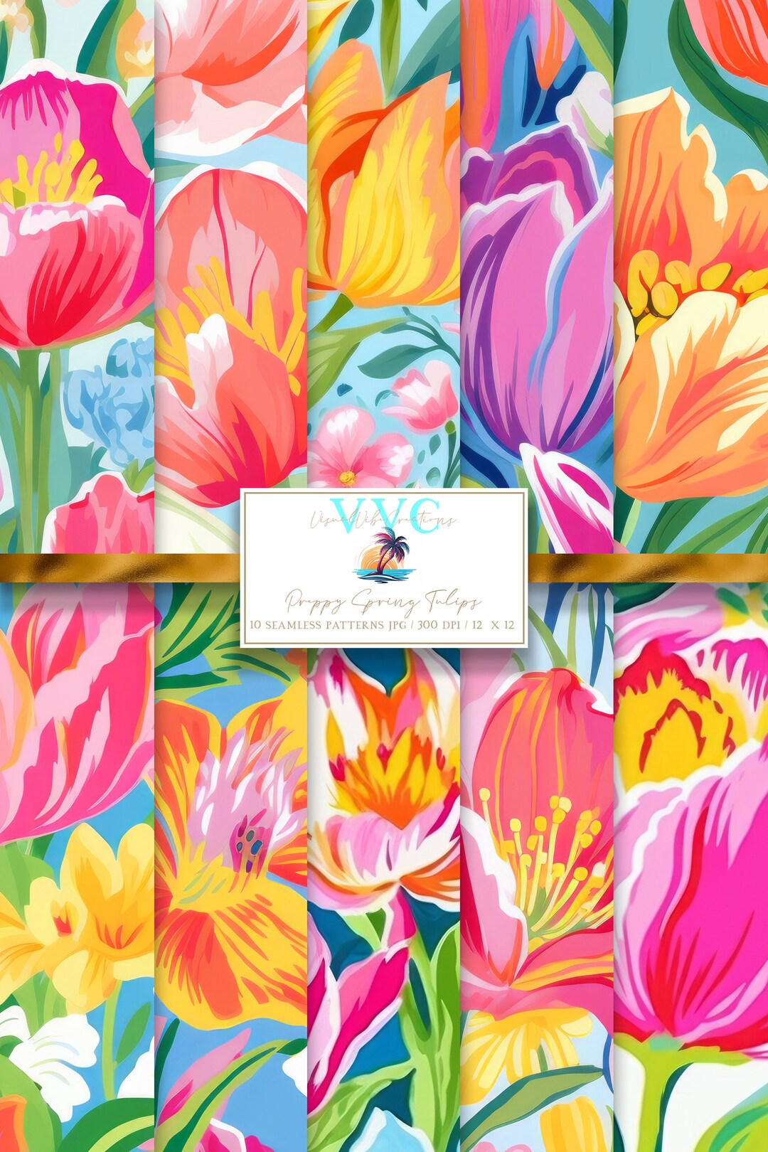 Preppy Spring Tulips Digital Paper, 10 Seamless Patterns for Printable ...