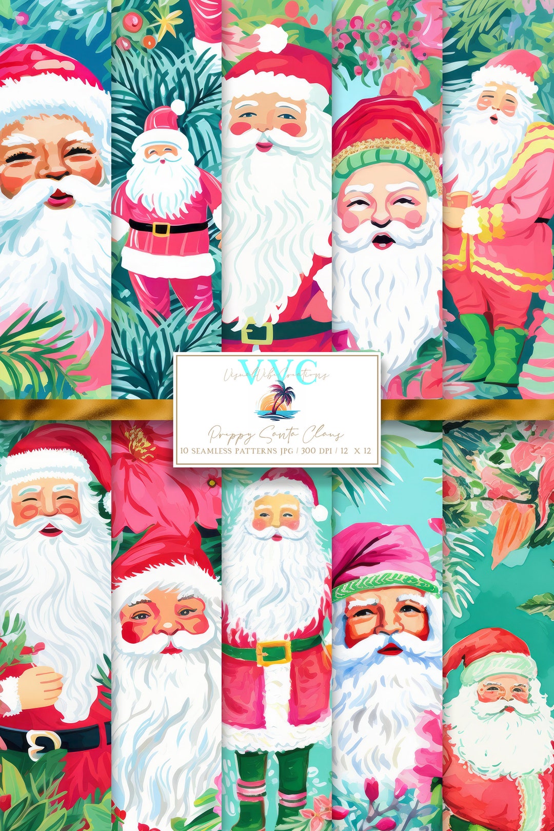 Preppy Santa Claus Digital Paper, 10 Seamless Patterns for Scrapbook ...
