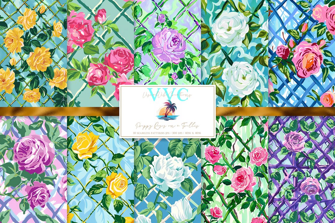 Preppy Roses on a Trellis Digital Paper, 10 Seamless Patterns for ...