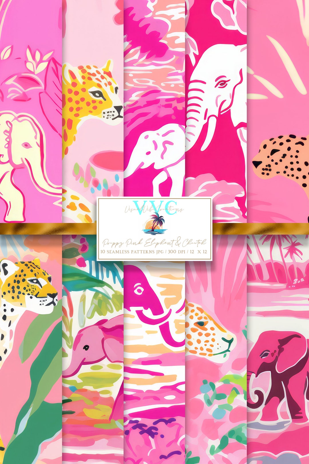 Preppy Pink Elephant & Cheetah Digital Paper, 10 Seamless Preppy ...