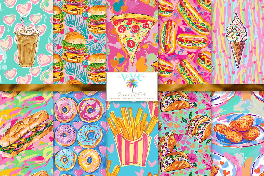 Preppy Fast Food Digital Paper, 10 Seamless Patterns for Printable ...
