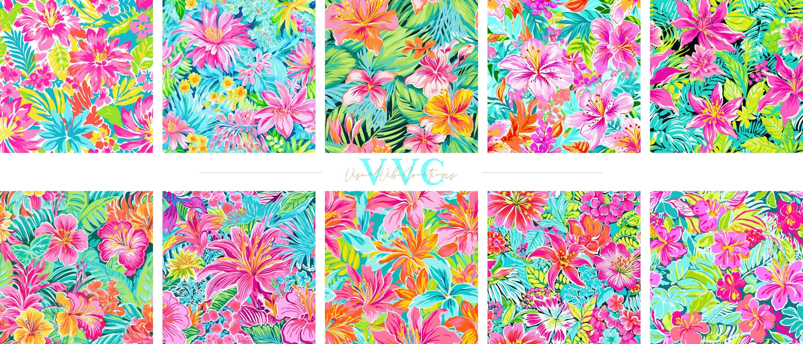Preppy Tropical Paradise Digital Paper, 10 Seamless Colorful Floral ...