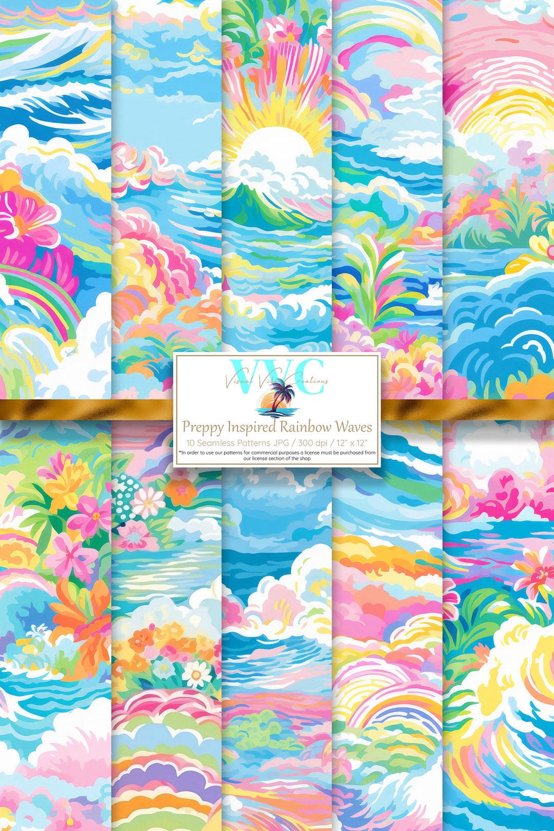 Preppy Inspired Rainbow Waves Digital Paper, 10 Seamless Patterns for ...