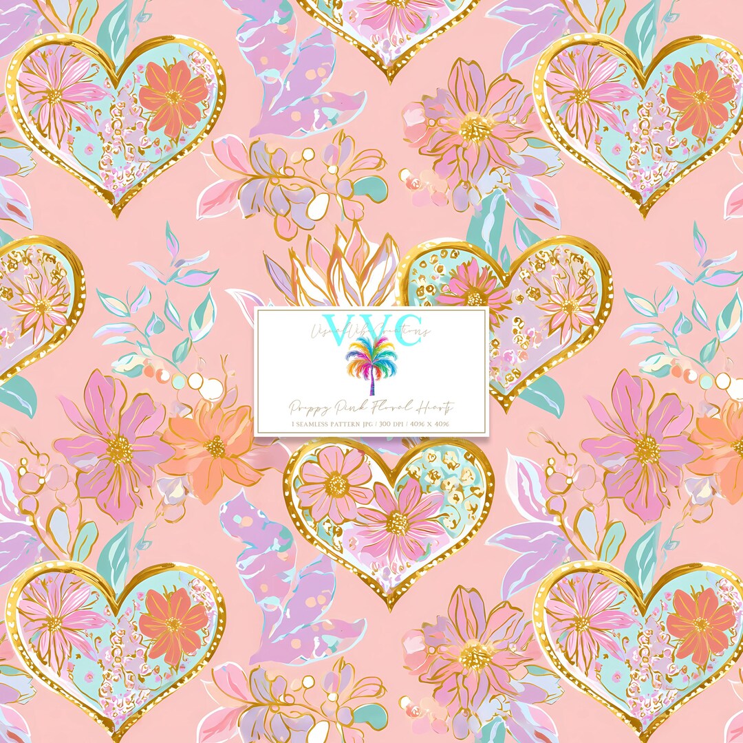 Preppy Pink Floral Hearts, 1 Seamless Pattern, Valentine Heart Floral ...