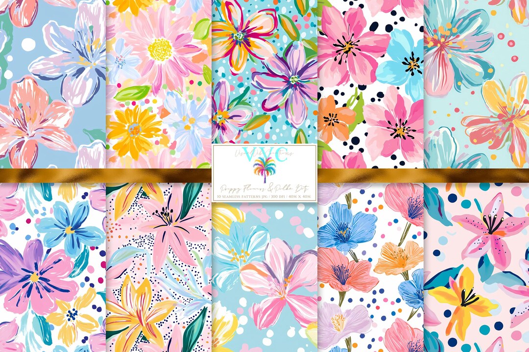 Preppy Flowers & Polka Dots Digital Paper, 10 Seamless Preppy Patterns ...