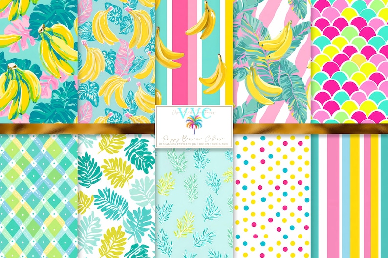 Preppy Banana Cabana, Tropical Fruit Seamless Pattern Bundle, 10 ...