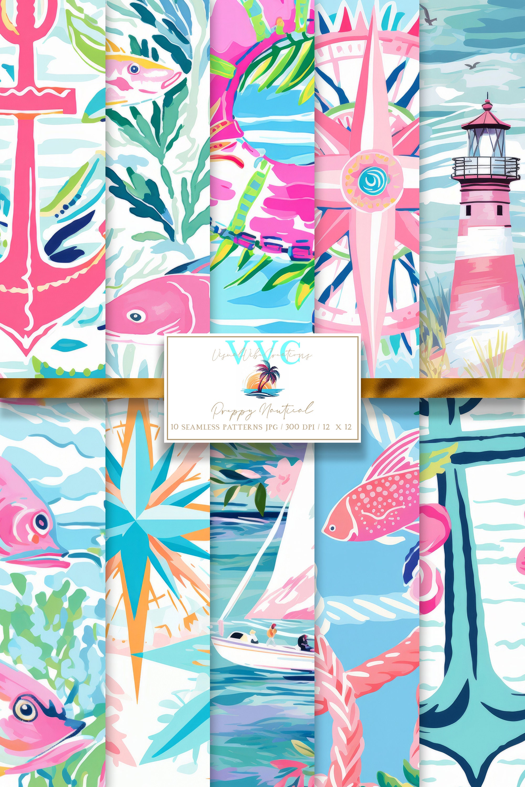 Preppy Nautical Digital Paper, 10 Seamless Patterns for Printable ...
