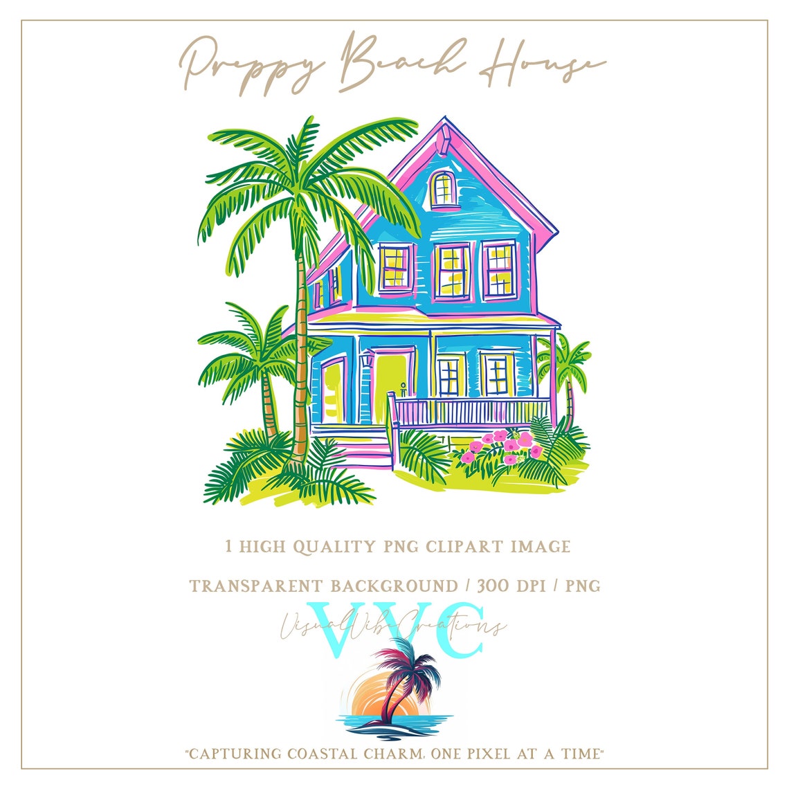Preppy Beach House Clip Art - Transparent Background in PNG - Floral ...