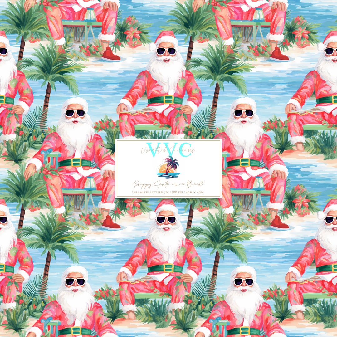 Preppy Santa on a Beach Digital Paper, 1 Seamless Tropical Pattern for ...