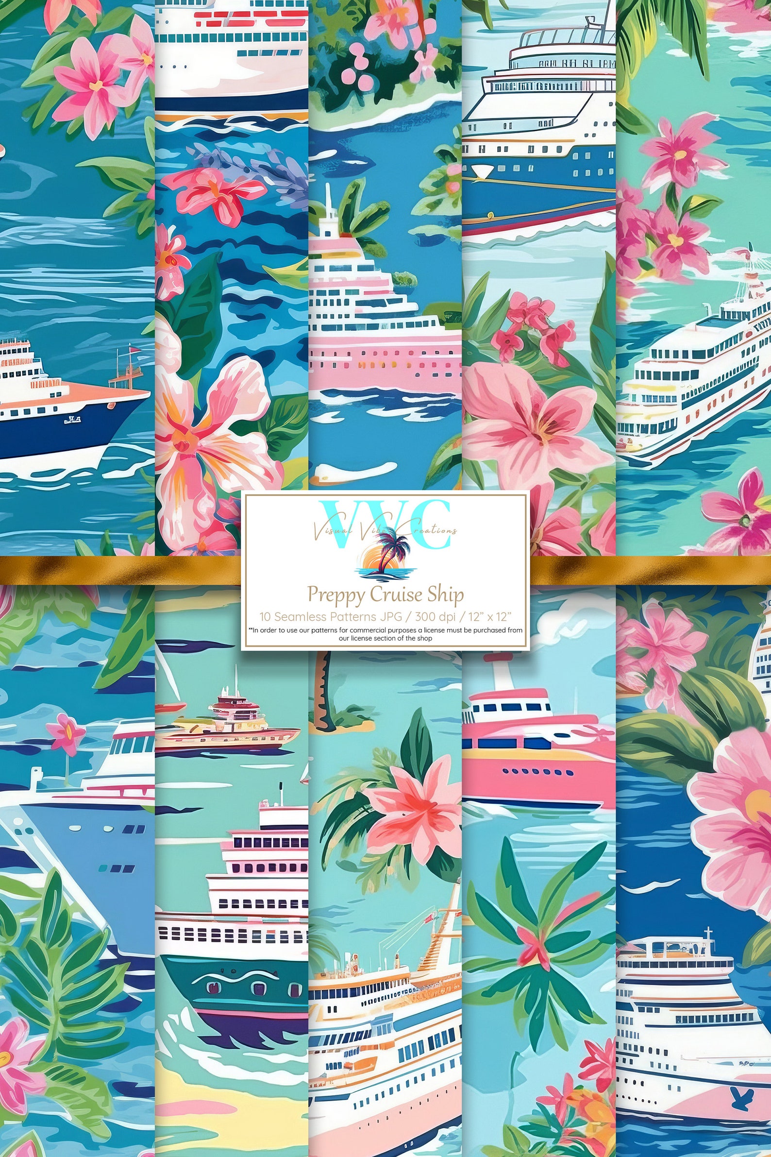 Preppy Cruise Ship Digital Paper, 10 Seamless Patterns for Printable ...