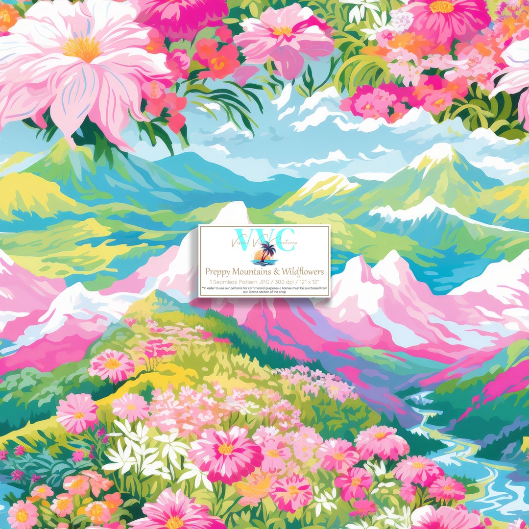 Preppy Mountains & Wildflowers Digital Paper 1 Seamless - Etsy